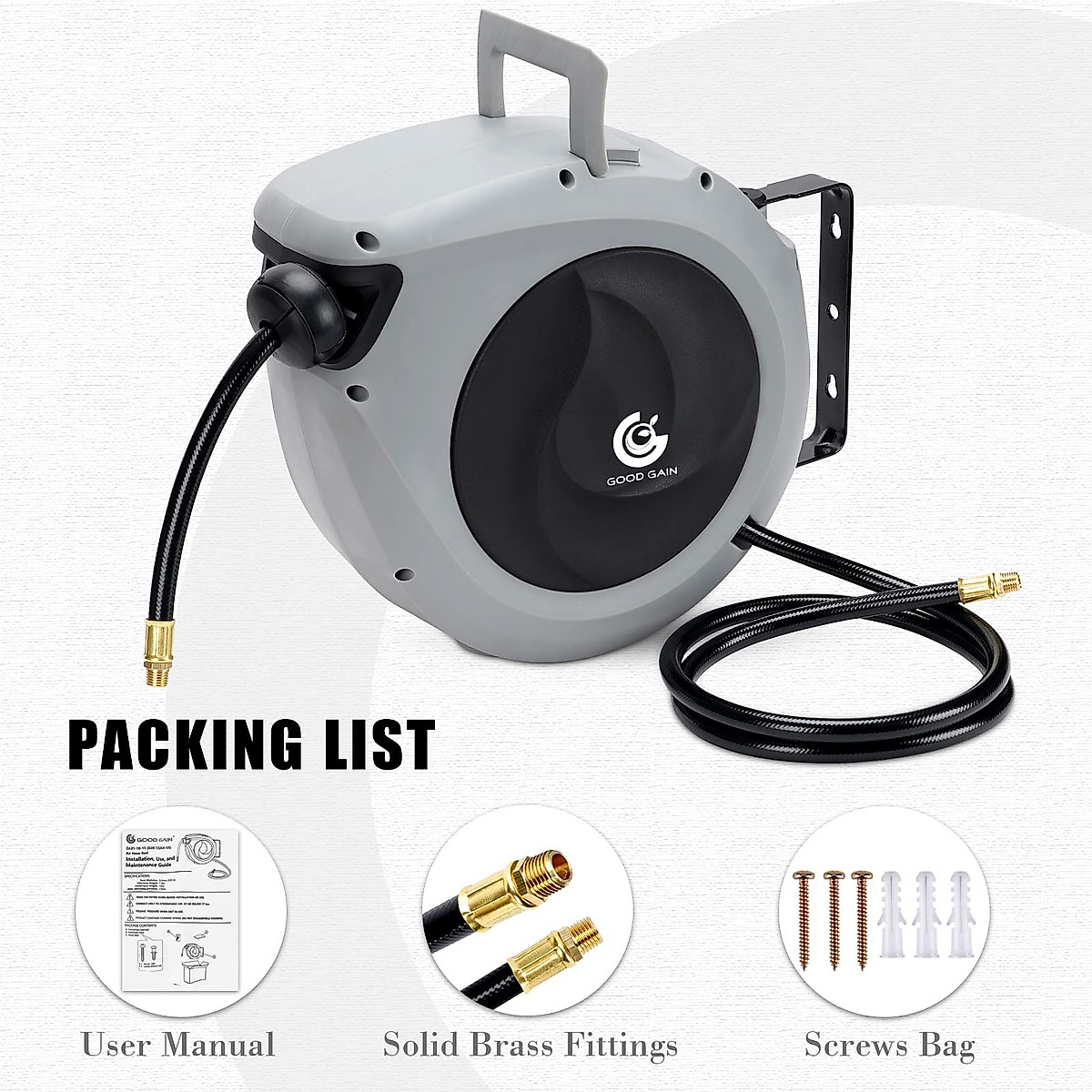 Air Hose Reel Retractable 3/8 in. x 50 ft Hybrid Polymer Hose, Retractable Auto-Rewind Enclosed Heavy Duty 180° Swivel Mount, Max 300PSI Commerical Polypropylene Grey