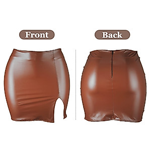 FEOYA Women Mini Faux Leather Skirt Zip Closure High Waisted Shape Vinyl Bodycon Latex Skirt Brown, Small