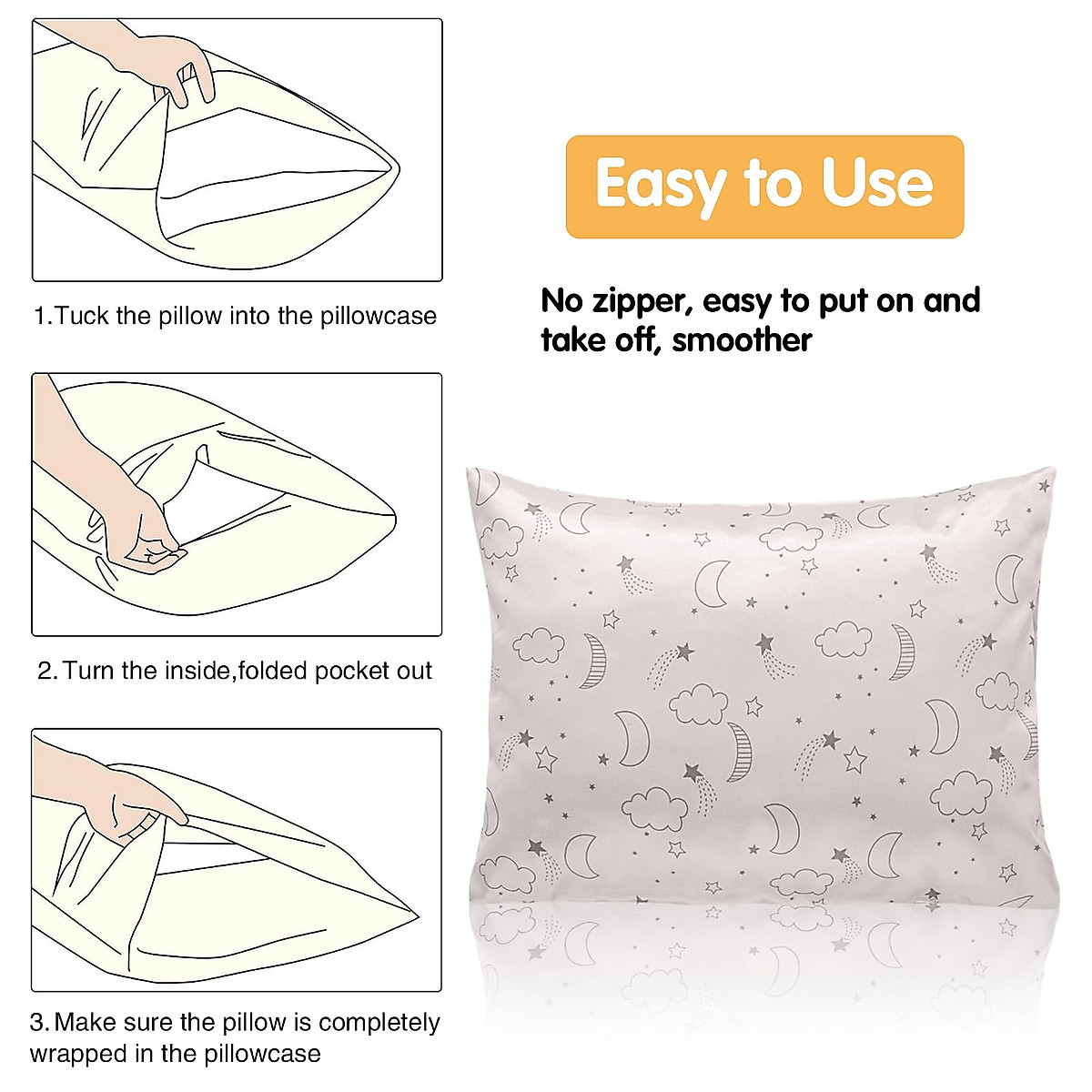 Winmany 2 Pack Toddler Pillow Cases Baby Silk Satin Pillowcases 49 x 36cm Cot Bed Envelope Pillow Cover kids Soft Travel Pillow Pair Cases for Boys Girls Machine Washable (Beige Cloud Moon)