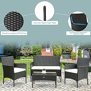 Toolsempire 4 Pieces Patio Furniture Set, Outdoor Conversation Set with Ergonomic Curved Backrest, Patio Chair Set with Water-Resistant Cushion & Tempered Glass Table for Balcony, Porch, Pool (Beige)