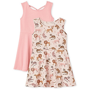 The Children's Place Baby Toddler Girls Sleeveless Fashion Skater Dress, Jungle Wonder/Crystal Pink 2-Pack, 4T