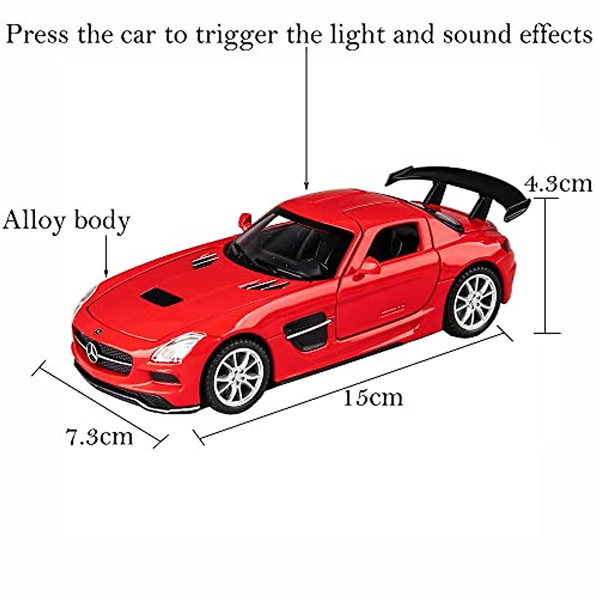 iLooboo Alloy Collectible Red Benz SLS AMG Toy Vehicle Pull Back Die-Cast Car Model with Lights and Sound