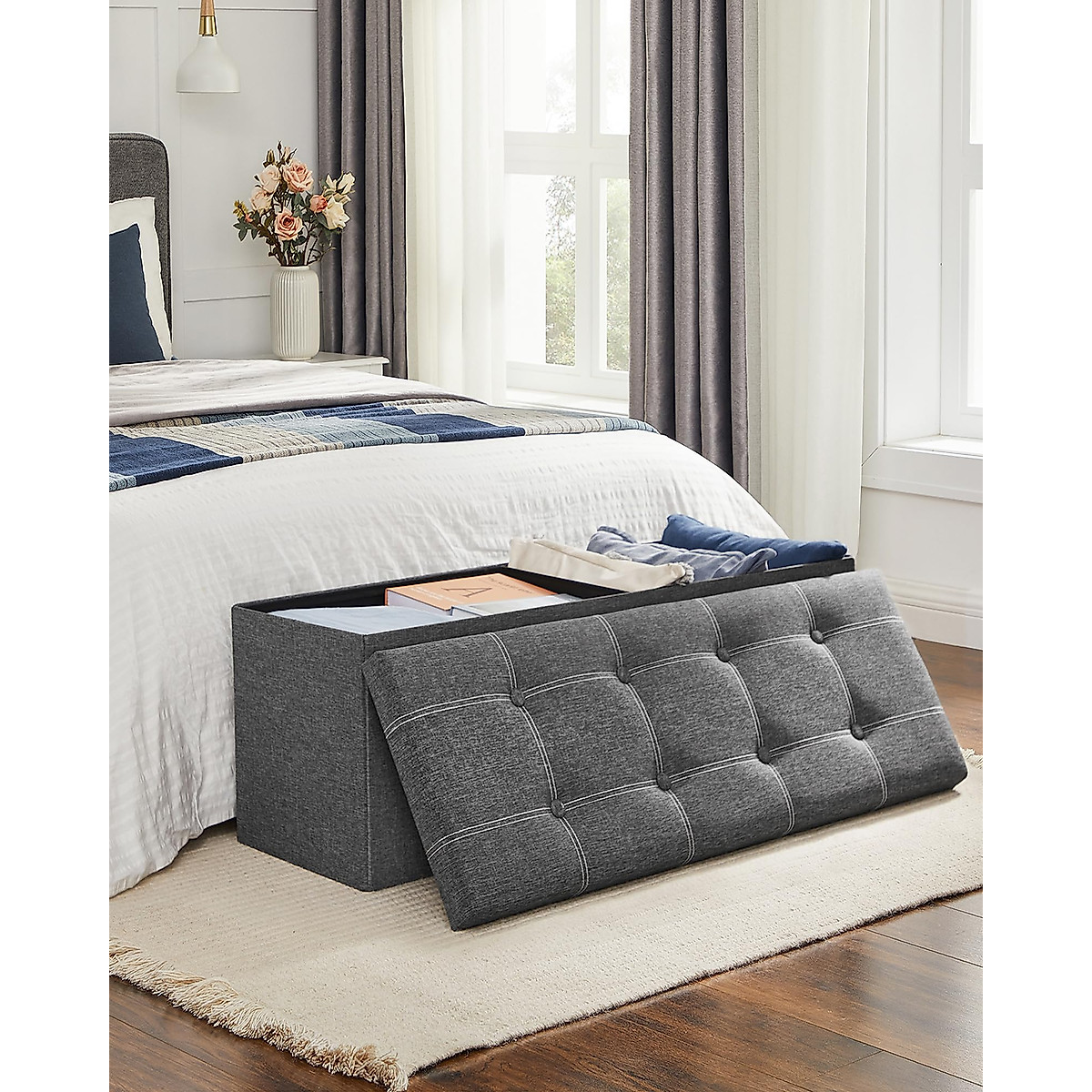 SONGMICS Ottoman Storage Bench, 35 Gal. Folding Chest with Breathable Linen-Look Fabric, Holds 660 lb, for Entryway, Living Room, Bedroom, Dark Gray ULSF077G04
