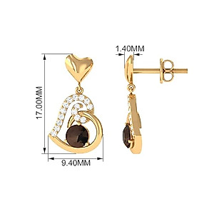 1/2 CT Smoky Quartz and Diamond Heart Drop Earrings (AAA Quality), 14K Rose Gold