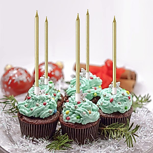 24 Count Party Long Thin Cake Candles Metallic Birthday Candles in Holders for Birthday Cakes Cupcake, Gold