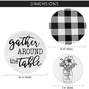 AuldHome Reusable Fabric Bowl Covers (Set of 3); Rustic Farmhouse Themed Black and White Stretchy Cloth Bowl Covers