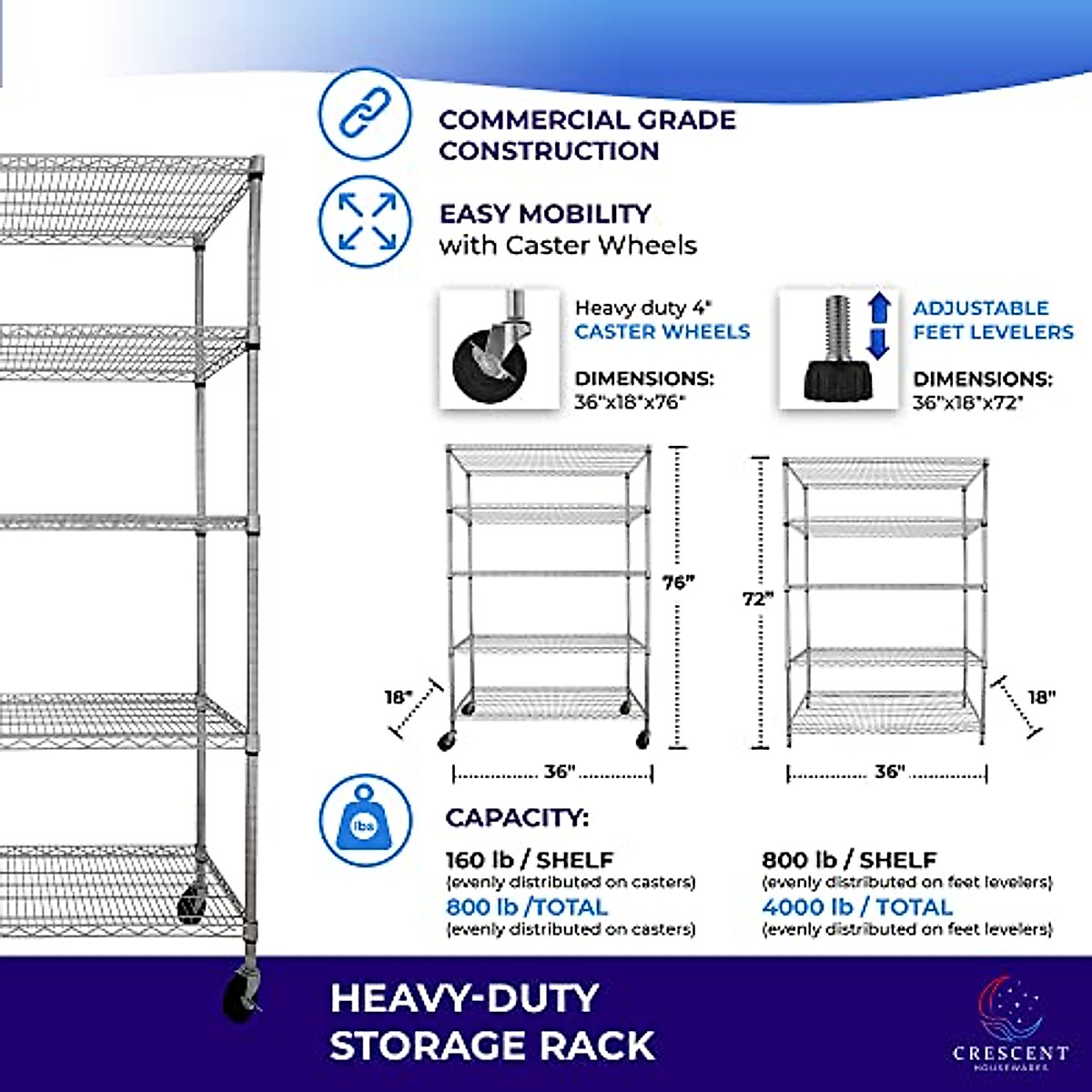Crescent 4000 LBS 36L 18W 76H Chrome, 5 Tier Racks for Storage, Heavy Duty Wire Shelving Rack with 4" Casters