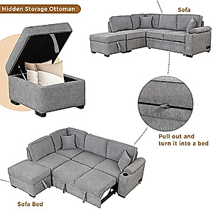 Polibi 5-Seat Sleeper Sofa Bed with Storage Ottoman, USB Charging Ports, Cup Holder on Armrest and 2 Pillows, L-Shape Convertible Pull-Out Sofa Upholstered Couch for Living Room, Grey