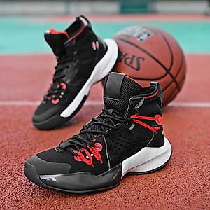 CJSPORX Mens Basketball Shoes Fashion High Top Running Sneakers Lightweight Sport Shoes for Athletic Black Red Size 8