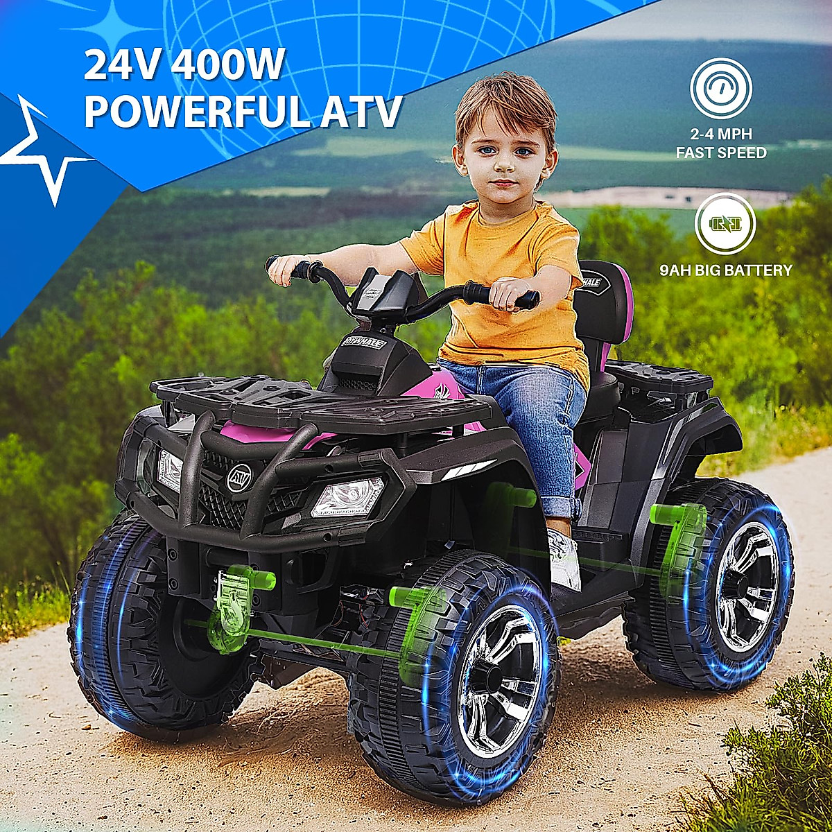 Joywhale 24V 2-Seater Ride on ATV 4WD Quad Powerful 4-Wheeler Electric Car for Big Kids, with 400W Strong Engine, 9AH Large Battery, Metal Suspension, Soft Braking, Music & Bright Headlights, Pink