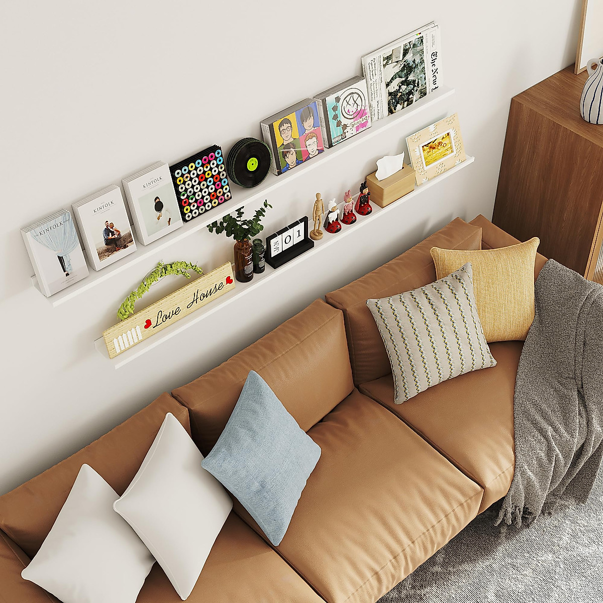 Love-KNPTUS Picture Ledge Shelf, White Floating Shelves Set of 2, 72 Inch Long Floating Shelves with Lip for Wall, Solid Bamboo Wall Mounted Shelf for Bedroom, Living Room, Bathroom, Kitchen