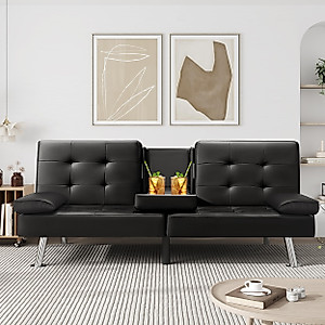 Furniwell Futon Sofa Bed Modern Faux Leather Sofa Couch for Living Room Convertible Folding Adjustable Recliner with 2 Cup Holders and Armrests (Black)