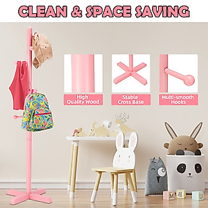 Azaeahom Cross Coat Rack Freestanding Clothing Hanger Home Racks, Wooden Coat Tree Stand with 8 Hooks 2 Adjustable Height, Easy Assembly in Entryway, Room for Hat, Umbrella etc (Pink)
