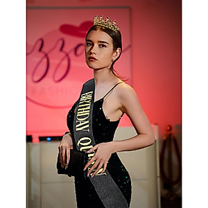 GAFATORY Black Gold Birthday Queen Crown and Sash for Women Princess Tiara and Sash for Girls