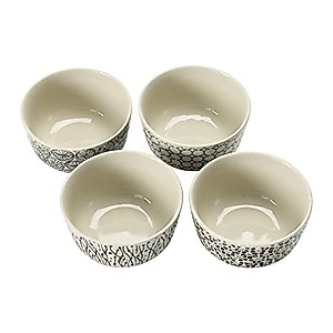 Creative Co-Op Hand-Stamped Stoneware Bowl with Embossed Pattern, Black & Cream Color, 4 Styles Dinnerware, Multi