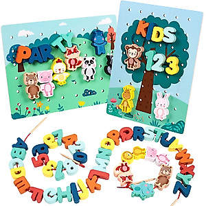 Atoylink 66 PCS Lacing Beads Montessori Toys for Toddlers with Lacing Board Wooden Primary String Threading Beads Animal Letters Numbers Lacing Toy Preschool Educational Toy for 3 4 5 6 7 8 Years Old