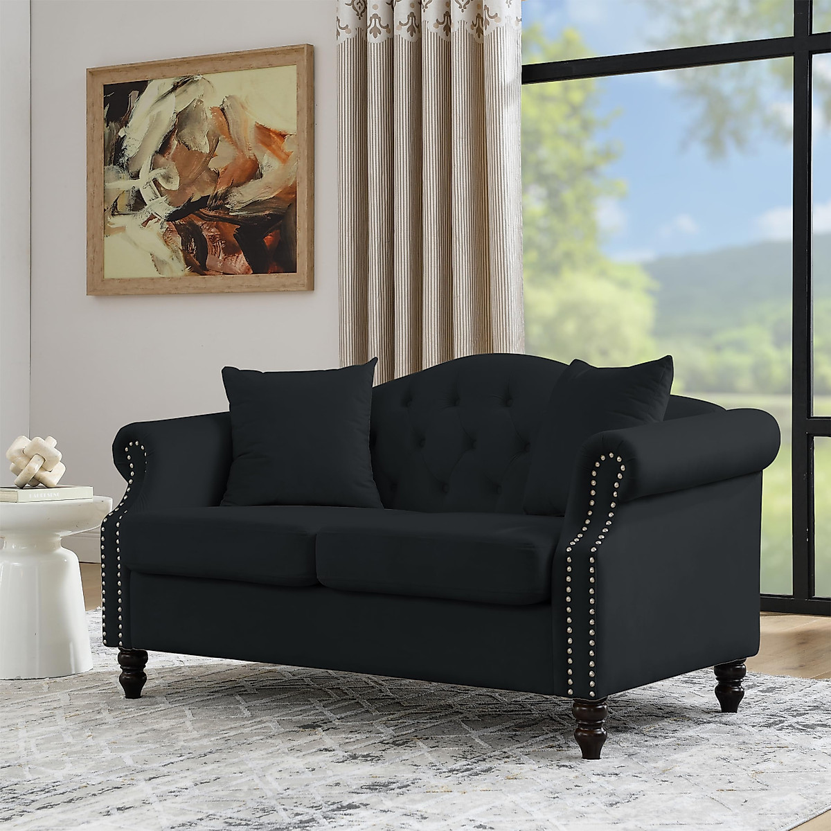 Chesterfield Sofa Velvet for Living Room, Lounge Sofa Tufted Couch with Rolled Arms and Nailhead for Living Room, Bedroom, Office, Apartment (Black, 2-Seater)