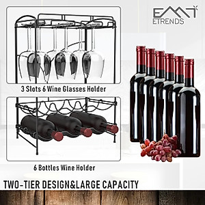 EMT ETRENDS Wine Rack Countertop, Wine Holder for 6 Bottles and 6-9 Glasses, Freestanding Wine Storage Shelves for Kitchen, Pantry, Cellar, Bar, Black.