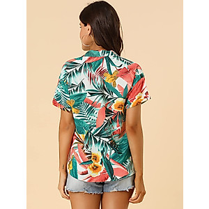Allegra K Women's Hawaiian Shirt Floral Leaves Printed Short Sleeve Top Tropical Button Down Shirt Summer Fashion 2024 X-Small White