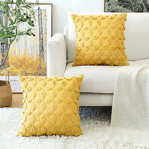 OTOSTAR Set of 2 Soft Plush Short Wool Velvet Decorative Throw Pillow Covers with 3D Flower Pattern Cushion Covers - Couch Sofa Pillow Covers for Living Room - Yellow 18x18 Inch