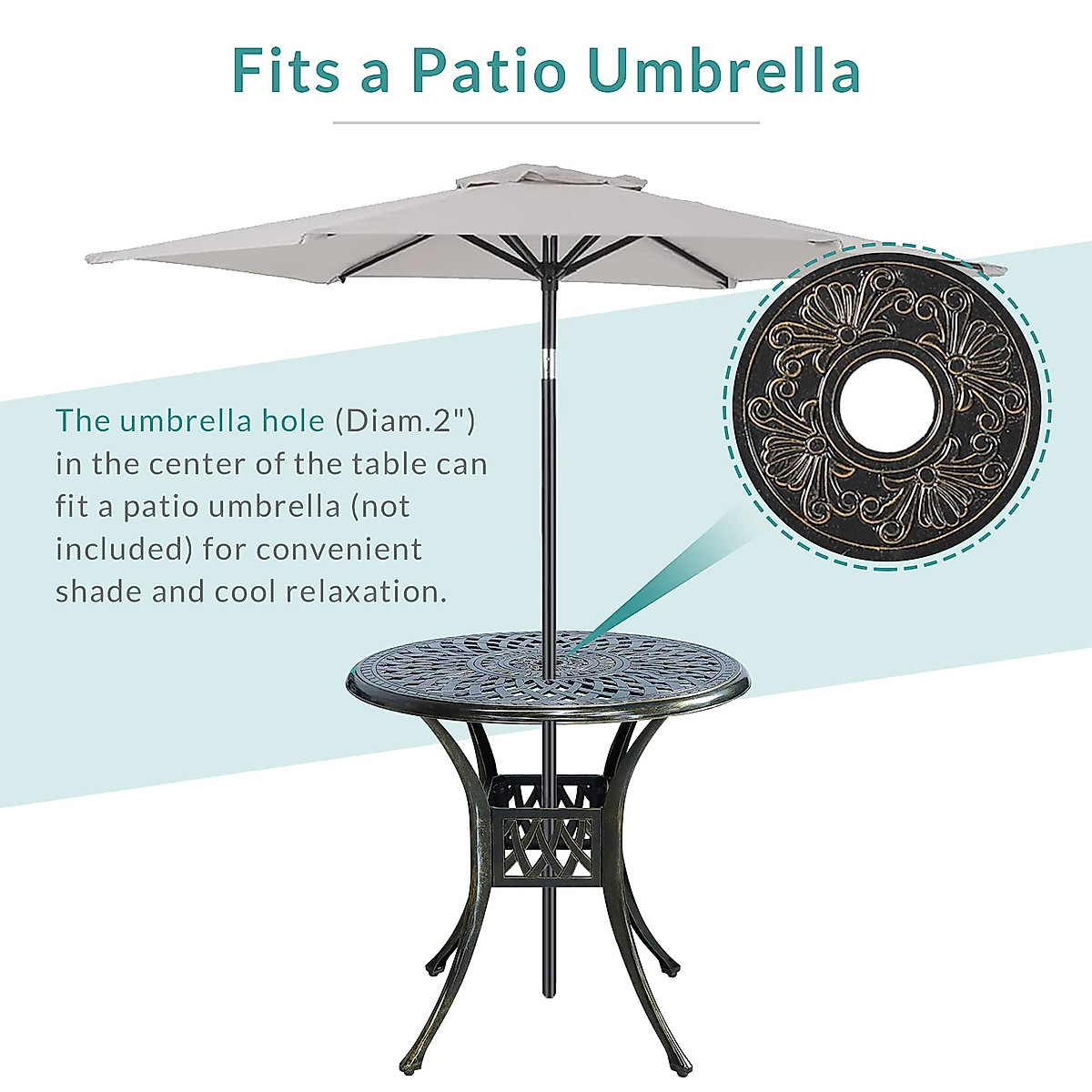 MEETWARM 3 Piece Patio Bistro Set, Outdoor All-Weather Cast Aluminum Dining Furniture Set Includes 2 Chairs and a 31” Round Table with Umbrella Hole for Garden Deck