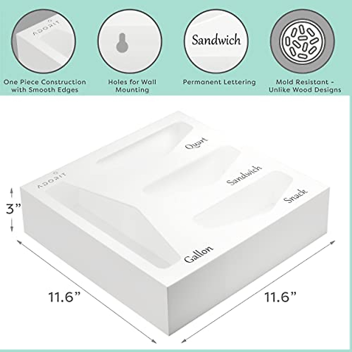 Ziplock Bag Organizer |Storage for Kitchen Drawer or Wall Mount | Acrylic Baggie Container, Plastic Bag Dispenser | Ziploc Holder for Gallon, Quart, Sandwich & Snack | Compatible with Ziploc, Solimo, Hefty & Glad Bags- White