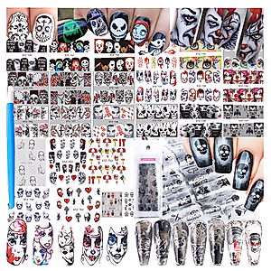 UARUOGP 25 Sheets Halloween Water Transfer Nail Stickers Nail Art Decals,10 Sheets Punk Skull Nails Foil Transfer Stickers,Grimace Skull Eye Spider DIY Decals for Halloween Party(35 Pcs)