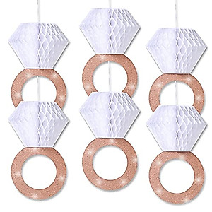 Engagement Party Decorations, Bridal Shower Supplies, Honeycomb Ring Hanging Decorations, Rose Gold Glitter Diamond Rings (6pcs), Engaged Diamond Rings Decorations for Engagement