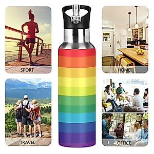 Kigai Rainbow Striped Insulated Water Bottle 22oz Stainless Steel Vacuum Cup with Straw Lid Leakproof Thermal Bottles for Sport Keep Cold/Warm