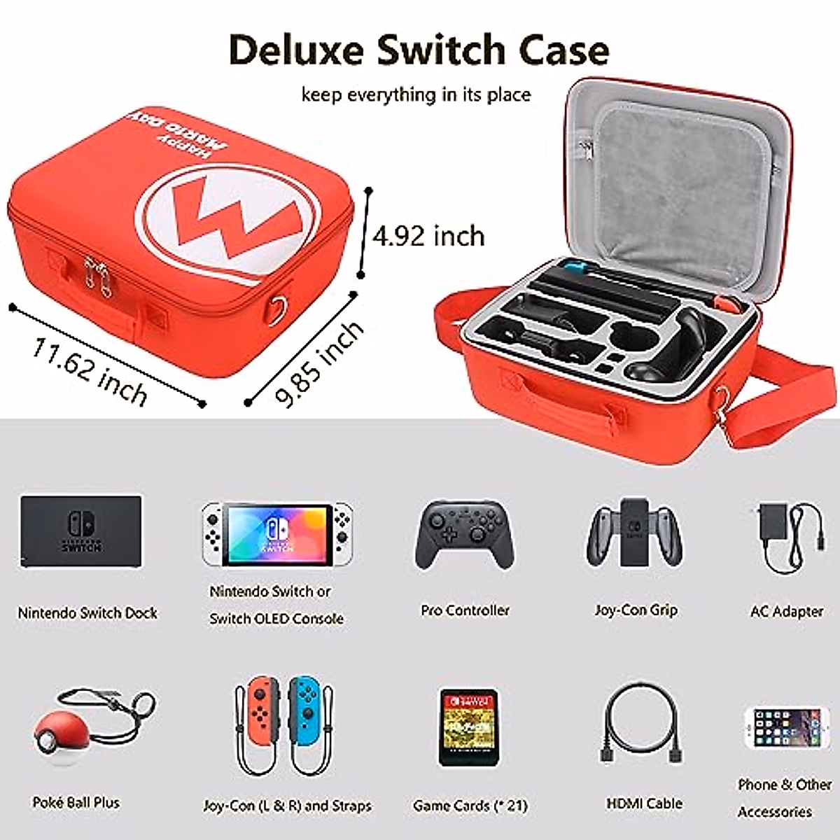 Flyekist Mario Carrying Case for Nintendo Switch/Switch OLED Model, Deluxe Travel Case Portable Hard Messenger Storage Bag for Switch Console Pro Controller Accessories
