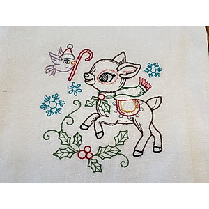 Christmas embroidered flour sack tea towel, Christmas bunny, vintage pattern, 1 in set of 7 designs, machine embroidery