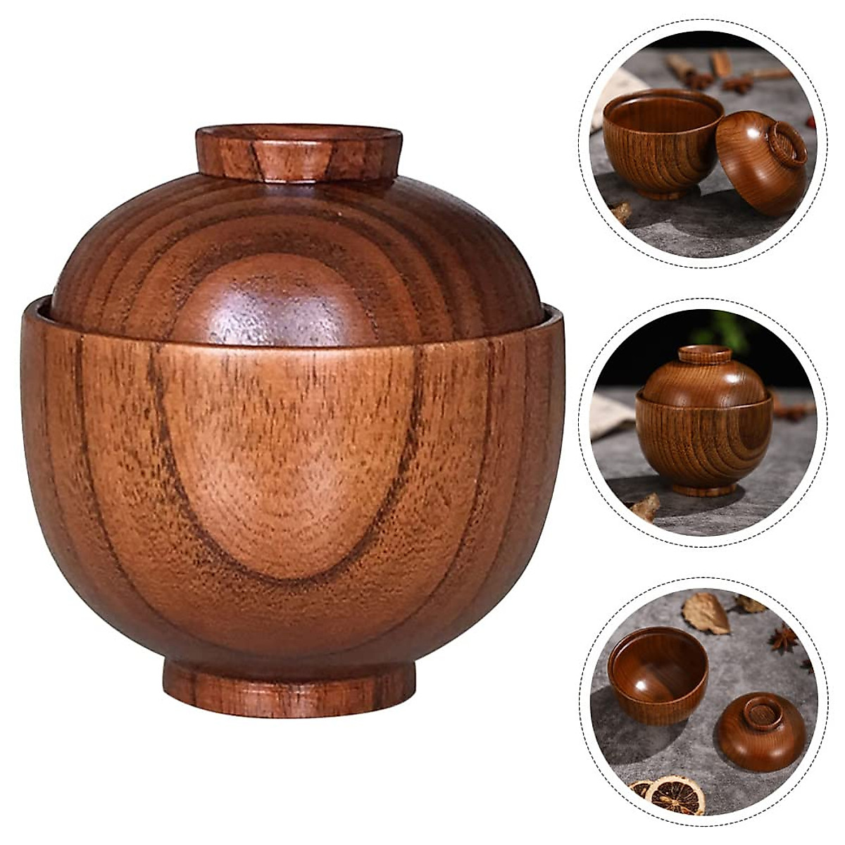 CALLARON Wood Bowl with Lid Traditional Japanese Style Noodle Rice Miso Soup Bowls Food Serving Bowl Soup Bowl Salad Bowl Rice Bowl