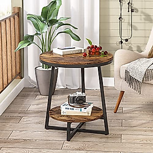 Tribesigns End Table, 2 Tier Round Side Table with Storage Shelf, Industrial Nightstand Bedside Table Coffee Accent Table for Living Room Bedroom Small Space, Rustic Brown