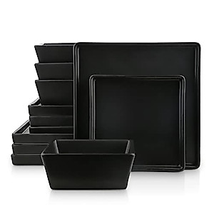 Stone Lain Grace Square Stoneware Dinnerware Set, 12 Piece Service For 4, Black
