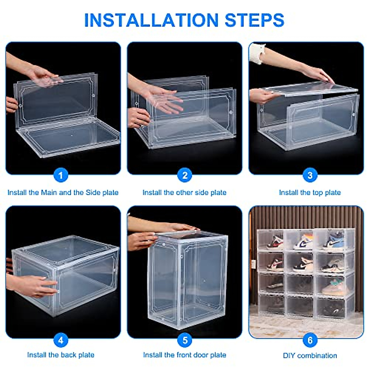 HIYOHIYO 1 Pack Shoe Boxes Clear Plastic Stackable, Sneaker Containers Magnetic Shoes Storage Box Foldable Drop Front Organizer Shoes Cases for Home Display Bins Fit up to Size 14 (14.2"x 11"x 7.9")