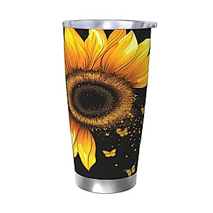 AYCZN Watercolor Sunflower Butterfly 20 OZ Tumbler Stainless Steel Travel Coffee Mug, Floral Insulated Water Bottle with Lid and 2 StrawsLeakproof Thermal Cup