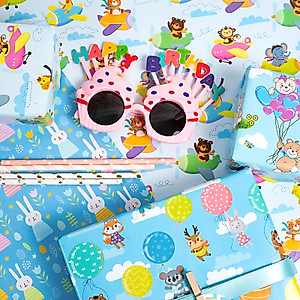 LeZakaa Birthday Wrapping Paper Sheet - 12 Sheet with 6 Different Animal Design for Kids, Boys, Girls -27.5 x 19.6 inches Per Sheet