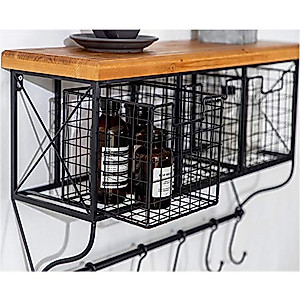 Ctystallove Industrial Wall Mounted Metal Wood Shelf with Baskets Hooks Hanging Storage Rack Display Shelf Sundries Holder for Coffee Bar Kitchen Office Bathroom Organization and Home Decor, Black