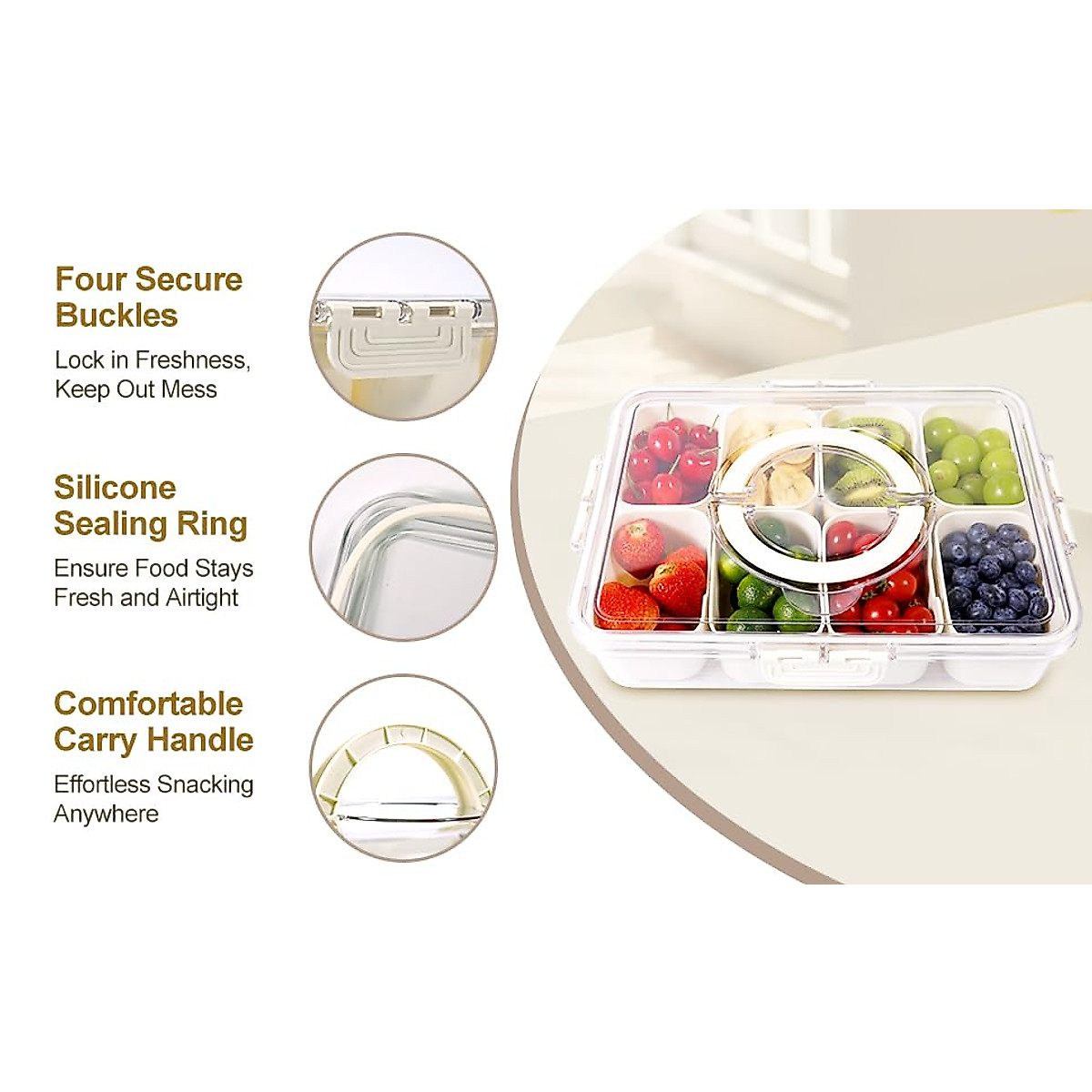 Snack Box Container, Dishwasher Safe Fruit Storage Containers, Divided Serving Tray with Lid for Veggie, Candy and Nuts Organizer, Snackle Charcuterie Boxes for Kids, Adults Travel, Party and Picnic