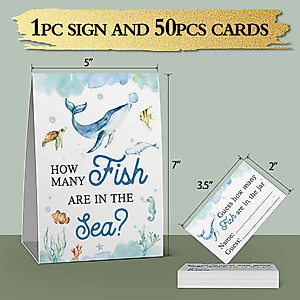 Guess How Many Fish in the Sea Mermaid Party Game ,How Many Candy Sharks Game， Watercolor Ocean Themed Baby Showers Decorations Game(1 Sign+50 Cards),Bridal Showers，Birthday, Funny Party Game
