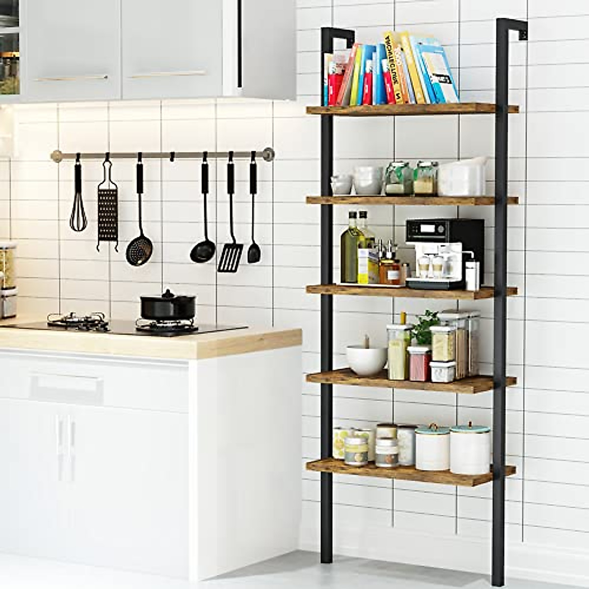 AWQM 2PCS Ladder Bookshelf, 5-Tier Bookcase Wall Mounted Bookshelf with Metal Frame,Modern Ladder Shelf Bookcase Wall Shelves Open Display Storage Shelves for Home, Office,Black & Walnut