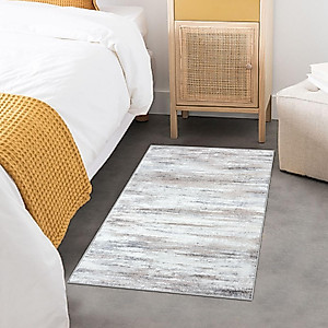 KOZYFLY Modern Abstract Small Area Rugs 2x3, Washable Kitchen Rug Non-Slip Soft Small Bathroom Rug, Beige Striped Entryway Rugs Abstract Print Faux Wool Doormat for Bedside Entrance Bedroom Sink