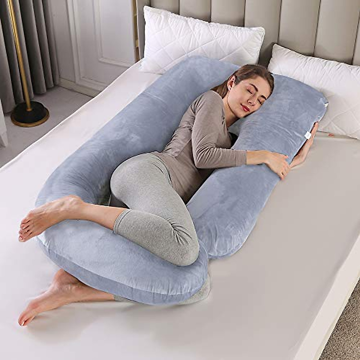 CDEN Pregnancy Pillow, J Shaped Full Body Pillow 57", Maternity Pillow Support for Back, Legs, Neck, HIPS for Pregnant Women with Removable Washable Velvet Cover(Grey)