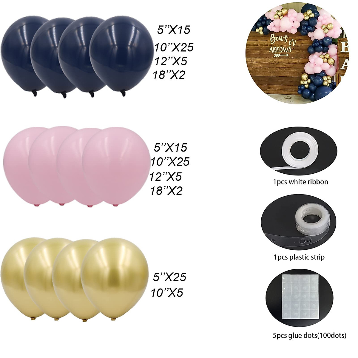 Navy Blue Baby Pink Balloon Arch Garland Kit-124pcs, 4 Sizes Navy Blue Balloons Baby Pink Balloons-Party Decorations for Baby Shower, Bridal Shower, Birthday Party, Graduation, Celebrations