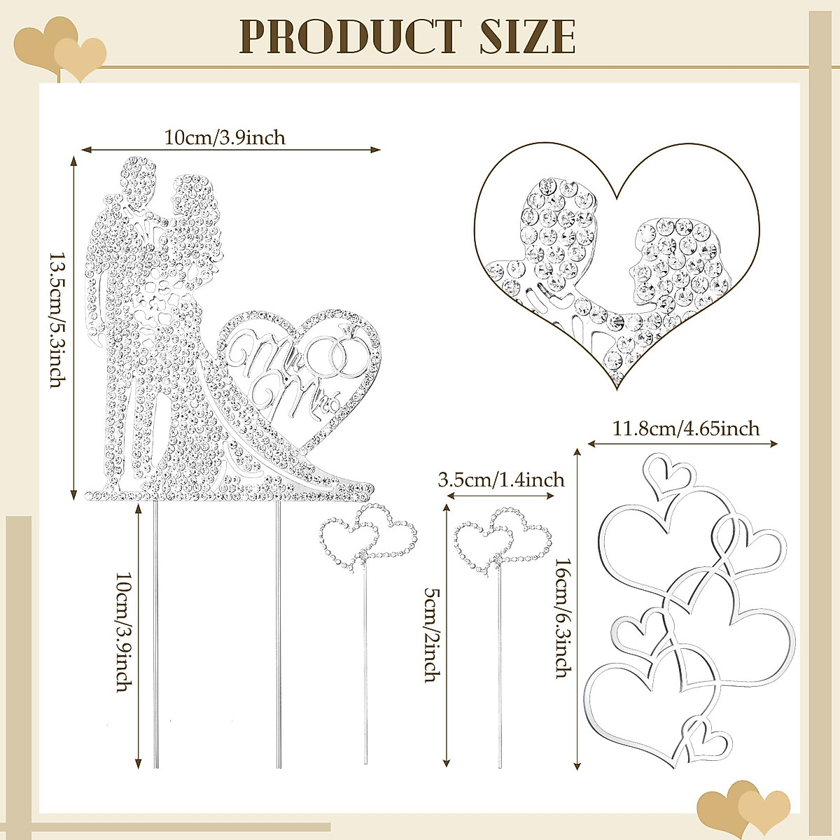 Spiareal 4 Pcs Wedding Cake Topper Mr and Mrs Rhinestone Bride and Groom Love Cake Topper Metal Happy Engagement Anniversary Cake Topper Wedding Party Cake Decor Cake Topper for Bridal Shower(Silver)