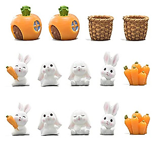 LONCESS Rabbit and Carrot Fairy Garden Accessories, Fairy Garden Kit, DIY Micro Landscape Ornaments for Easter Bunny Decor Garden Potted Plant Terrarium Decor Fairy Garden Miniatures 14 Pcs