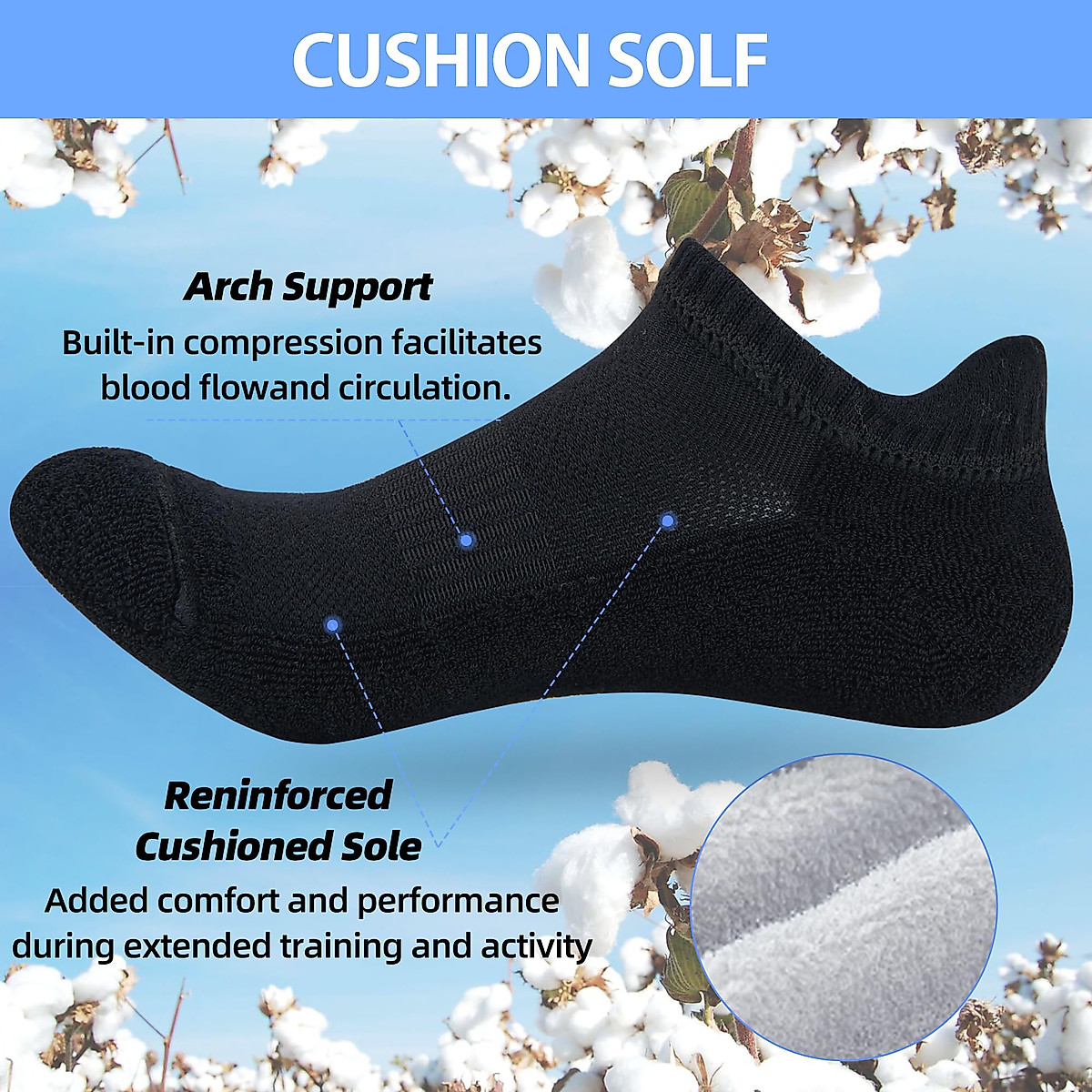 ATBITER 6 Pairs Women's Ankle Running Socks Cushioned Low Cut Tab Athletic Socks