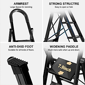 GameGem Lightweight Aluminum 5 Step Ladder Folding Step Stool with Convenient Handgrip Stepladders for 10 Foot High Ceiling with Anti-Slip and Wide Pedal for Home Use Space Saving - Brown Gold