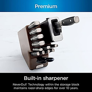 Ninja K52015 Foodi NeverDull 15 Piece Premium Knife System, Wood Series Block, German Stainless Steel, with Built-in Sharpener, Stainless Steel/Walnut