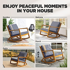 IDZO Heavy Duty Club Rocking Chairs 500lbs Capacity with Inclined Backrest, Thick Foam Cushion, Solid Acacia Wood Rocker for Patio, Backyard, Balcony, Porch, Grey